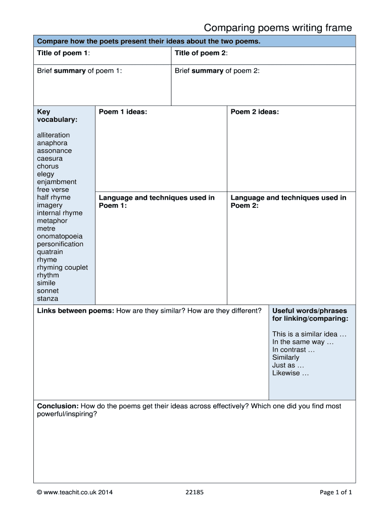 Fillable Online Comparing poems writing frame Fax Email Print - pdfFiller