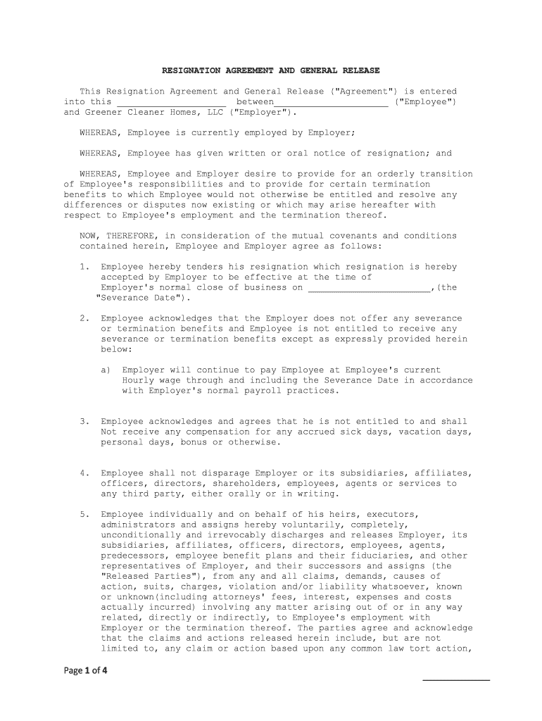Fillable Online RESIGNATION AGREEMENT AND GENERAL RELEASE Fax Email ...