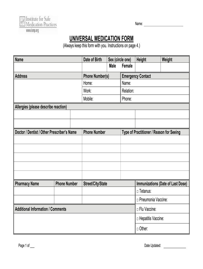 ISMP Universal Medication Form Fill And Sign Printable Template 