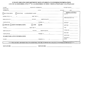 Fillable Online Utility billing department sign up sheet-customer information - City of ... Fax ...
