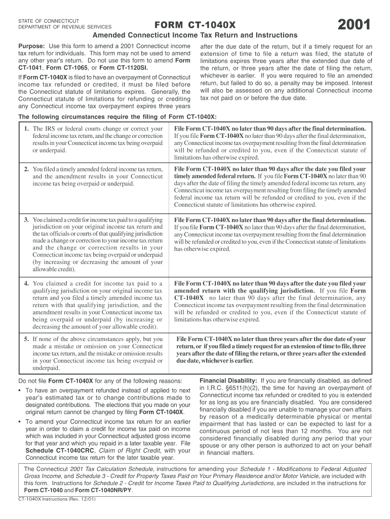 Fillable Online 2001 CT-1040X Amended Connecticut Income Tax Return and ...