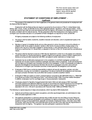Fillable Online nsa STATEMENT OF CONDITIONS OF EMPLOYMENT - Applicants ...