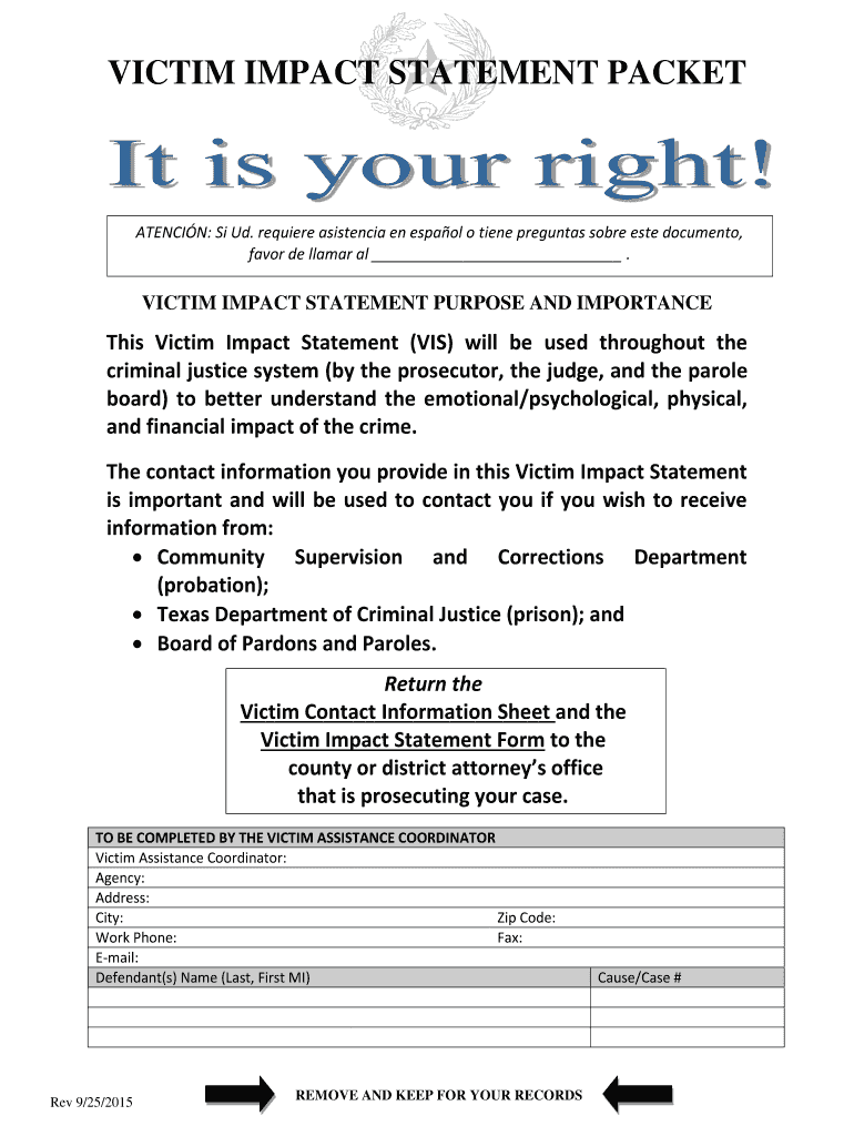 Fillable Online Victim Impact Statement (PDF) - Texas Department of ...
