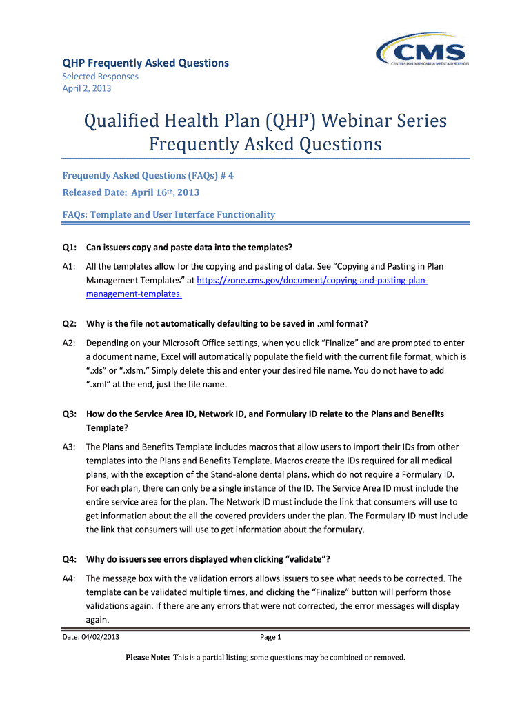 Fillable Online PM QHP User Group 040213 Frequently Asked Questions ...