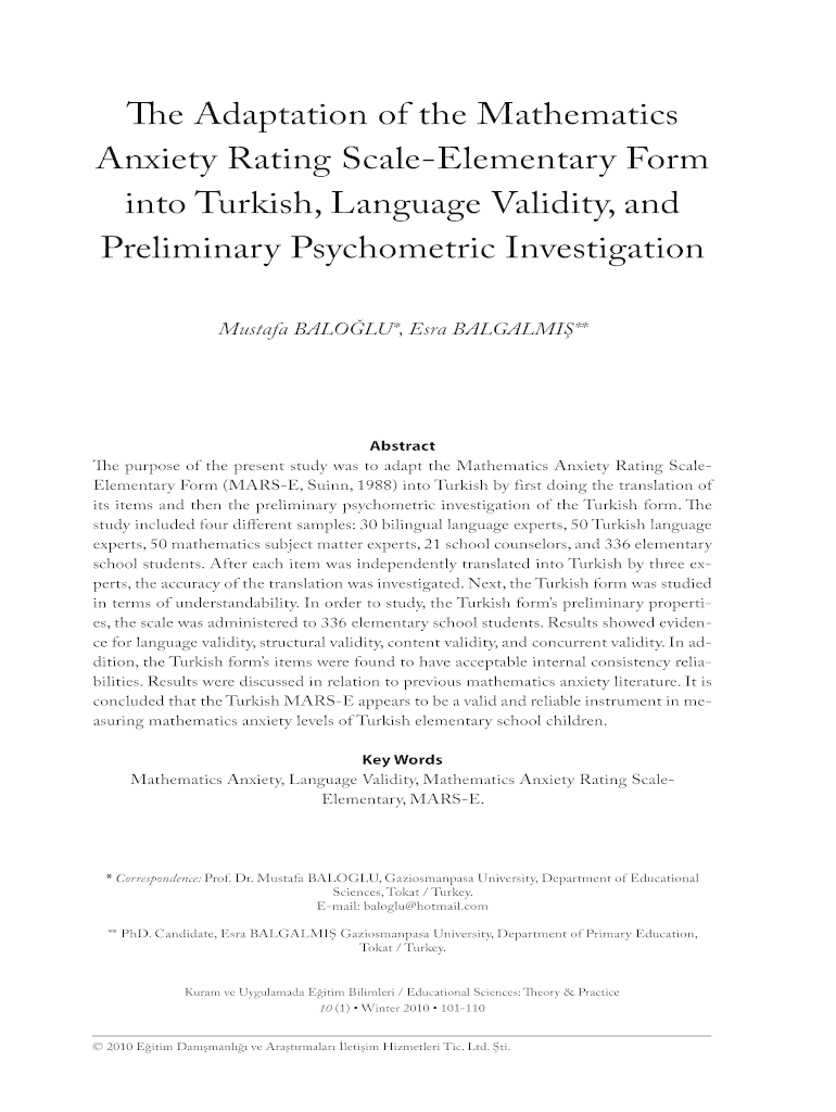 Fillable Online The Adaptation of the Mathematics Anxiety Rating Scale ...