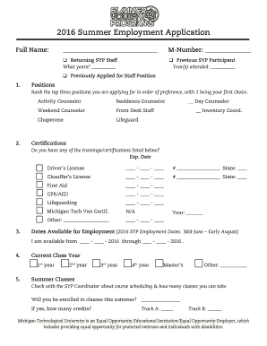 Fillable Online 2016 Summer Employment Application - Michigan ...