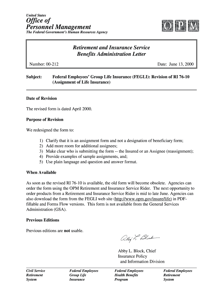Fillable Online opm FEGLI Revision of RI 76-10 - opm Fax Email Print ...