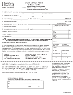 Fillable Online public health oregon 45-14A Marriage Record Order Form ...