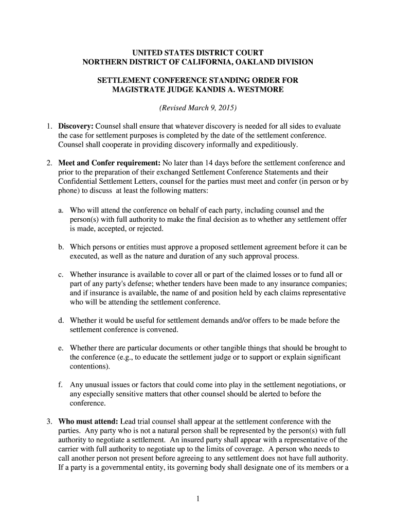 Fillable Online cand uscourts Settlement conference standing order Fax ...