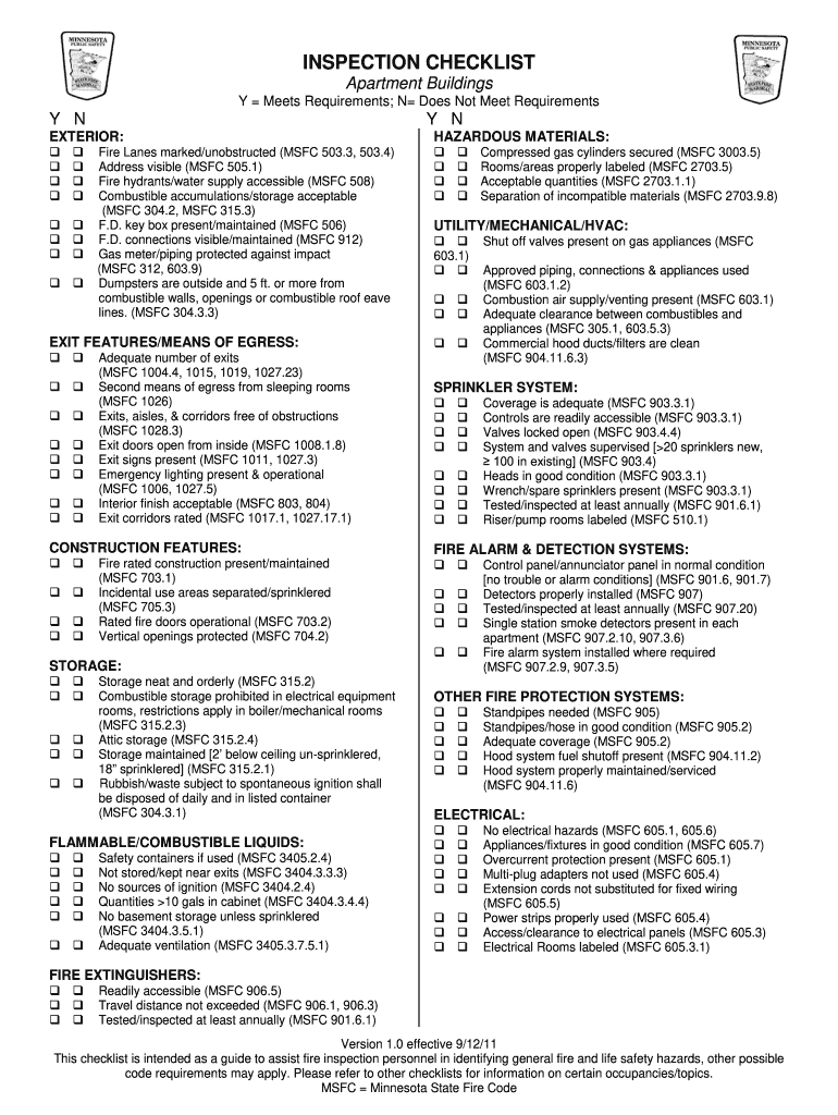 INSPECTION CHECKLIST Apartment Buildings Y Meets Requirements - dps mn ...
