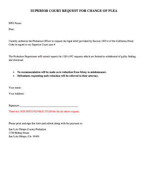 Fillable Online slocounty ca SUPERIOR COURT REQUEST FOR CHANGE OF PLEA ...