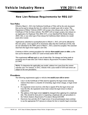 Fillable Online dmv ca VIN 2011-44 New Lien Release Requirements for ...