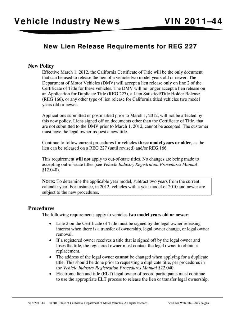 Fillable Online dmv ca VIN 2011-44 New Lien Release Requirements for ...