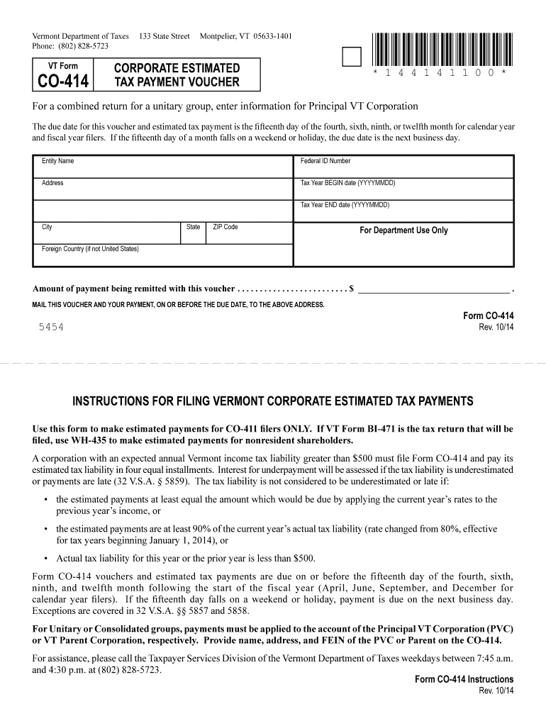 Fillable Online tax vermont Form CO-414 Corporate Estimated Tax Payment ...