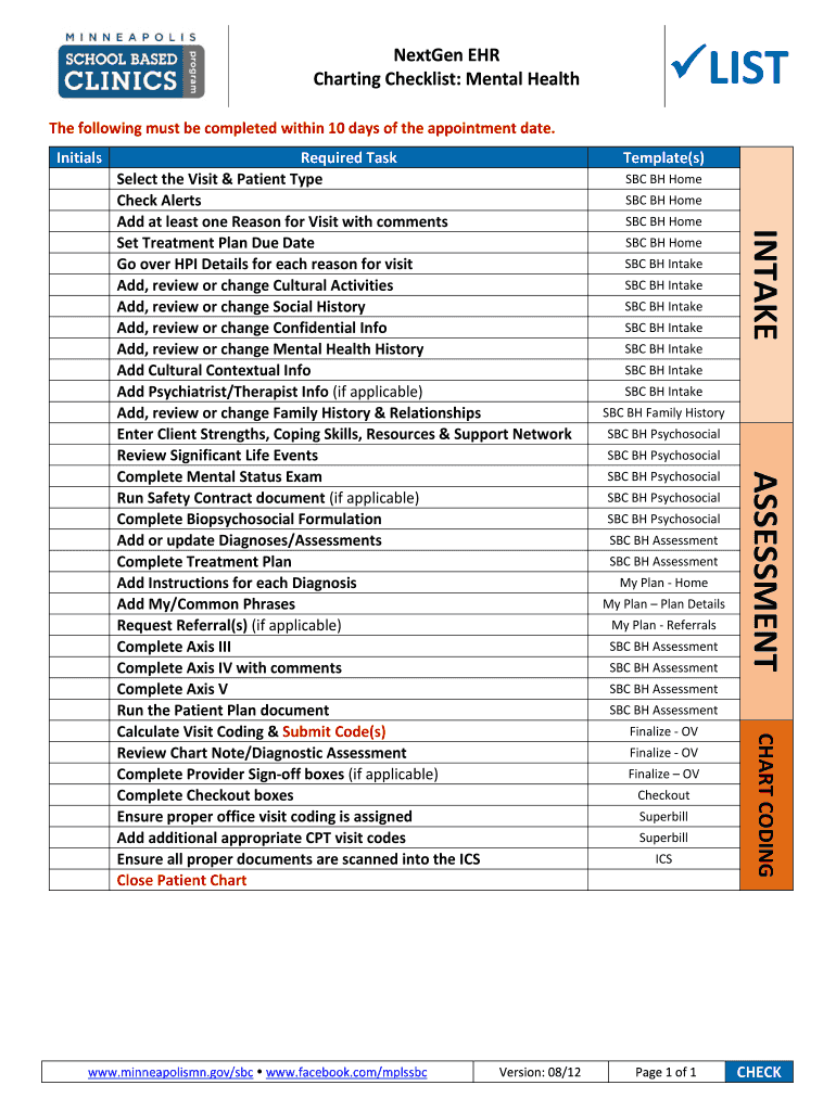 Fillable Online minneapolismn NextGen EHR Charting Checklist: Mental ...