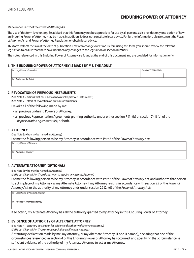 British Columbia Enduring POA Form 2011-2022 - Fill and Sign Printable Template Online | US Legal Forms