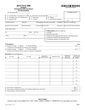 Fillable Online oregon 2015 Form 40N, Oregon Individual Income Tax ...