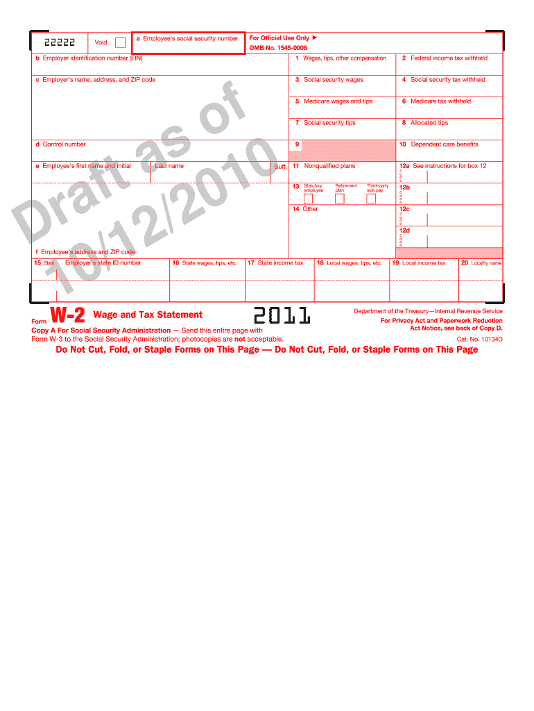 IRS Form W-2 Wage and Tax Statement Draft - Blank Fillable Template ...