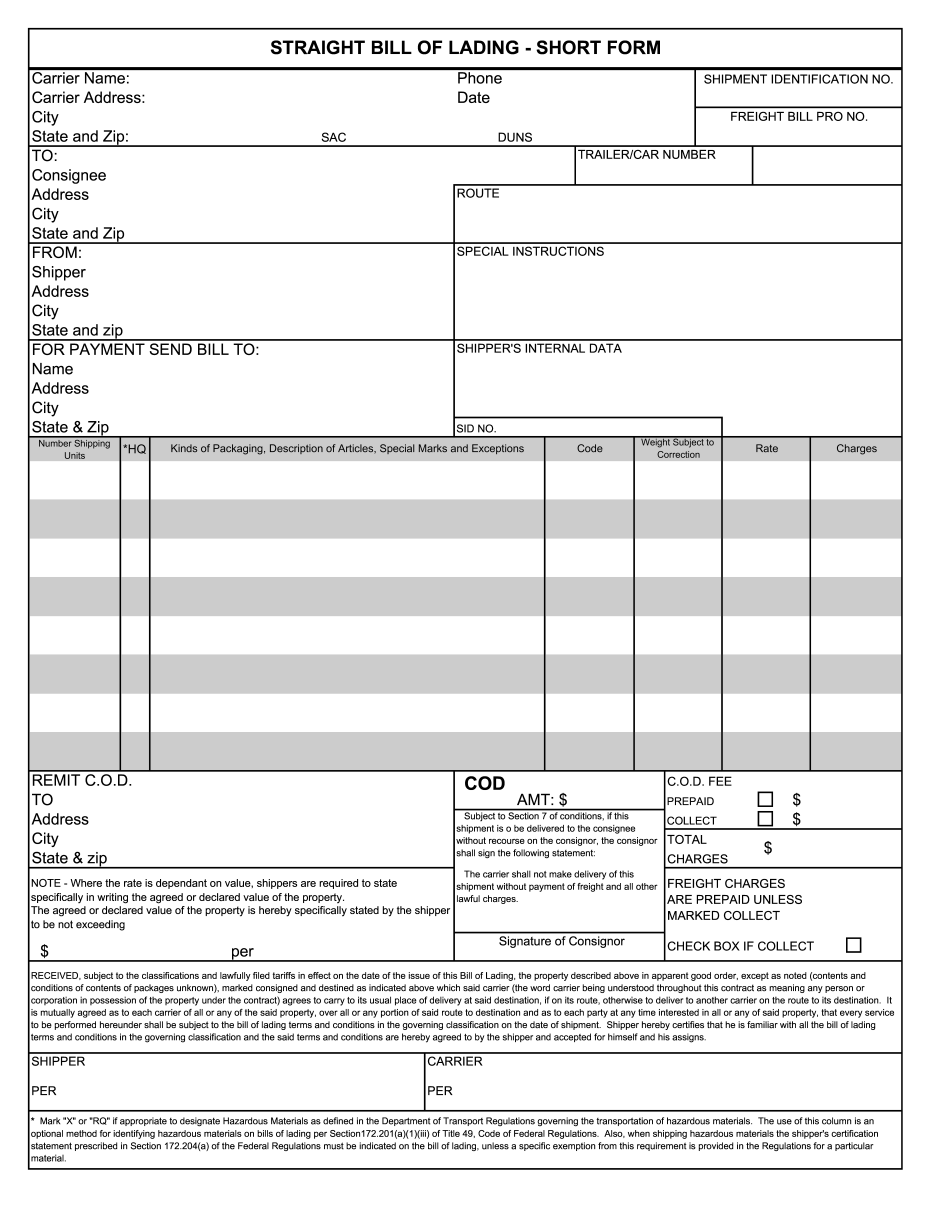 Create Fillable Bill Of Lading Short Form With Us Fastly Easyly And 