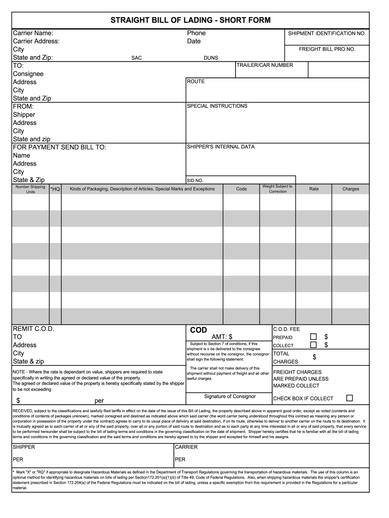 Straight Bill Of Lading Fill And Sign Printable Template Online US Legal Forms