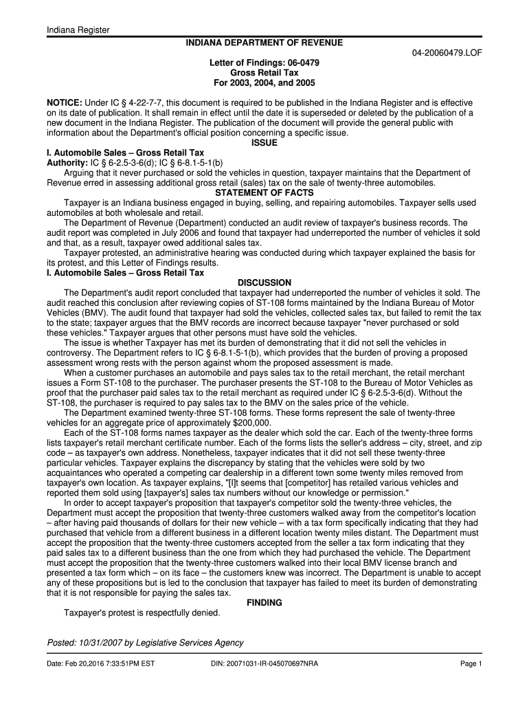 Fillable Online in INDIANA DEPARTMENT OF REVENUE 04-20060479LOF Letter ...