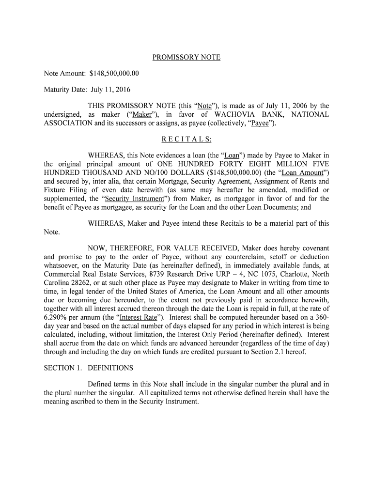 Fillable Online sec PROMISSORY NOTE Note Amount 14850000000 Maturity ...