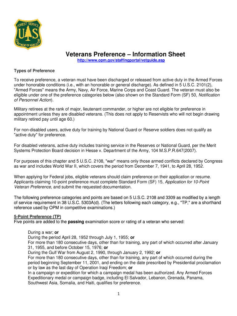 Fillable Online fs usda Veterans Preference Information Sheet - fs usda ...