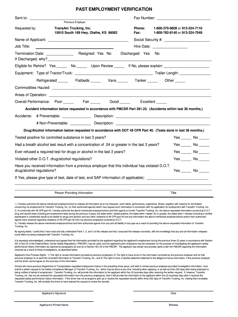 Driver Employment Verification Form Fill Online Printable Fillable 