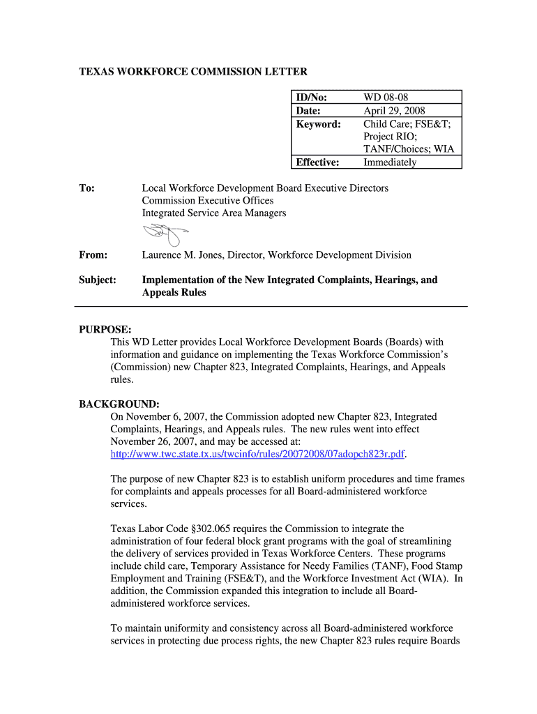 Fillable Online twc texas WD Letter 08-08 Implementation of the New ...