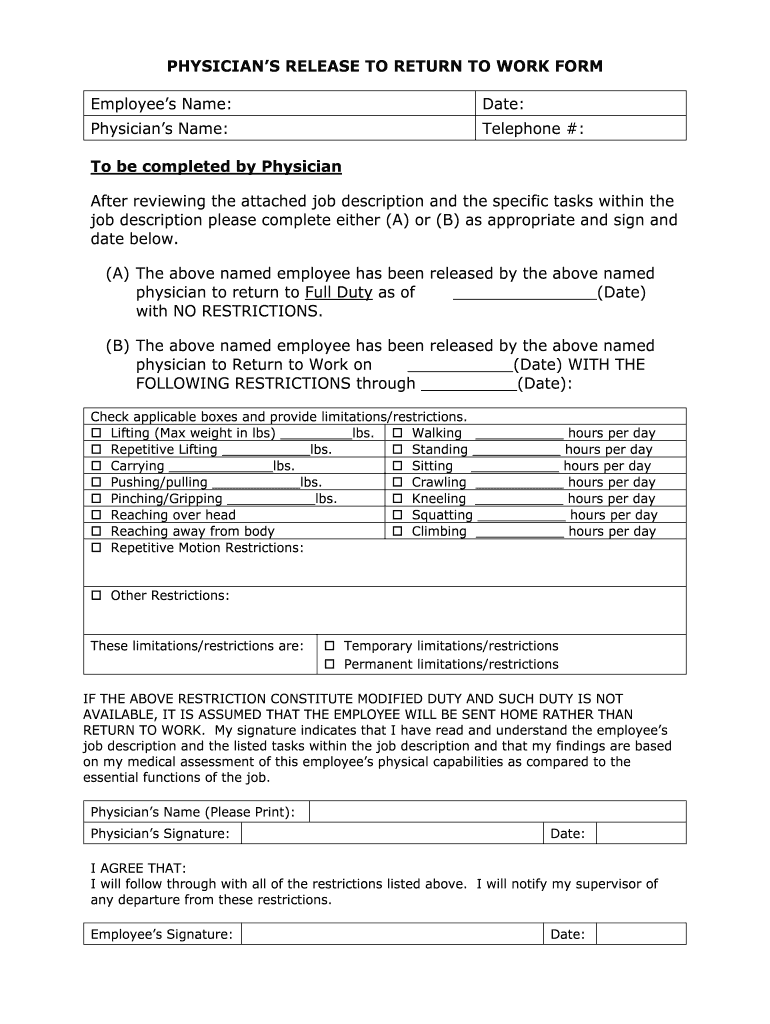 Return To Work Doctors Note Template Free Printable Form Templates 