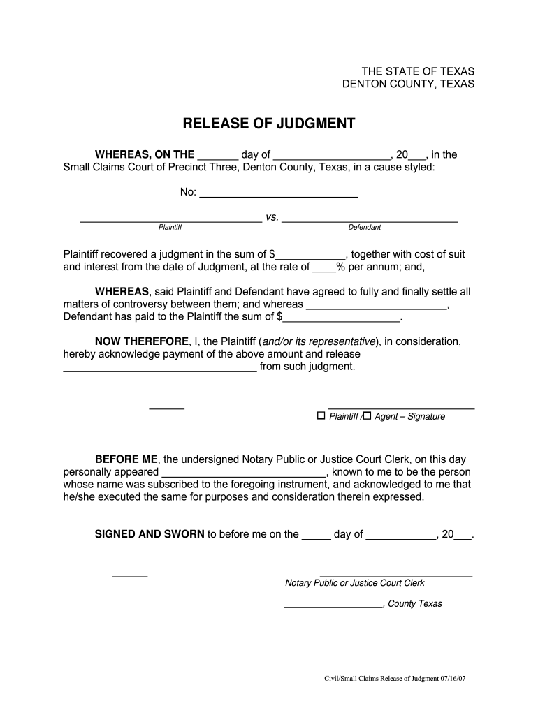 2007 Form TX Release Of Judgment Denton County Fill Online Printable Fillable Blank PdfFiller