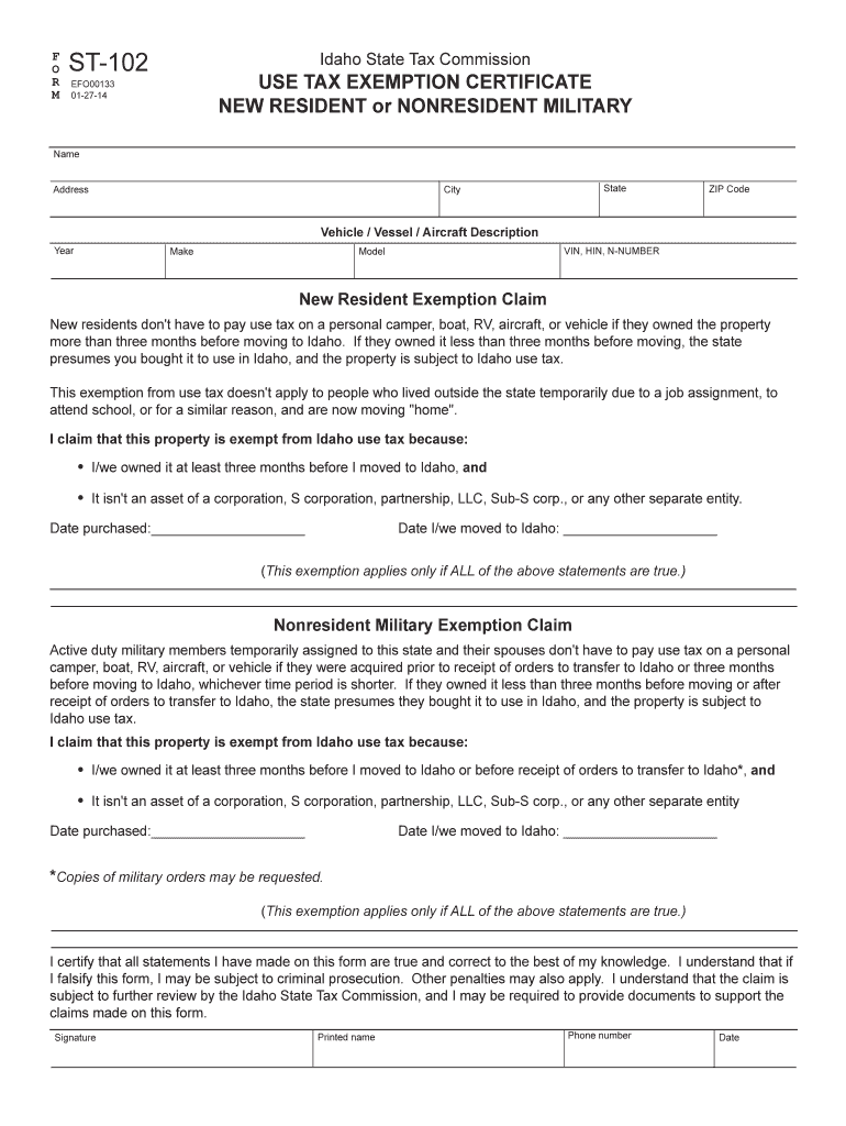 Fillable Online tax idaho ST-102 - Idaho State Tax Commission Fax Email ...