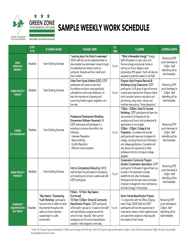 Fillable Online SAMPLE WEEKLY WORK SCHEDULE Fax Email Print - pdfFiller