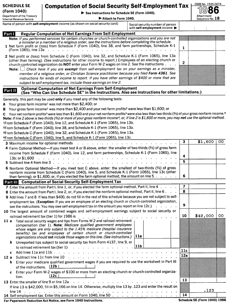 Fillable Online irs FORM 1040 SCH SE (1986) Fax Email Print - pdfFiller