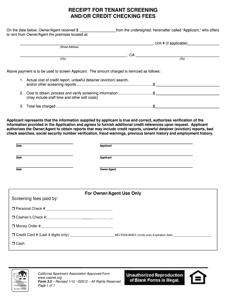 Fillable Online RECEIPT FOR TENANT SCREENING Fax Email Print - pdfFiller
