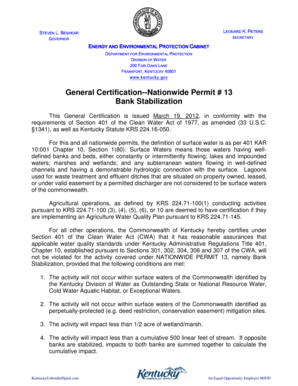 Fillable Online water ky General Certification--Nationwide Permit 13 ...