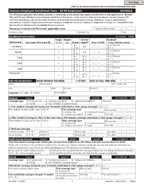 Fillable Online Humana Employee Enrollment Form - 20-99 Employees ...