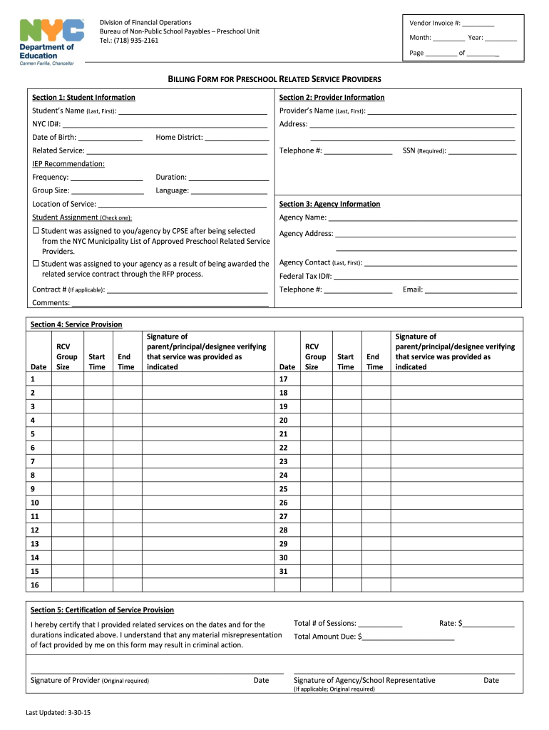 NY Billing Form for Preschool Related Service - Fill Online, Printable ...