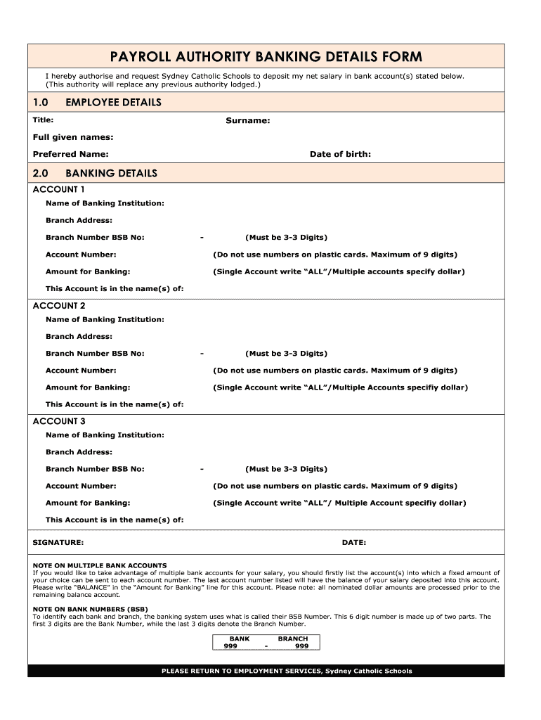 Fillable Online PAYROLL AUTHORITY BANKING DETAILS FORM Fax Email Print ...
