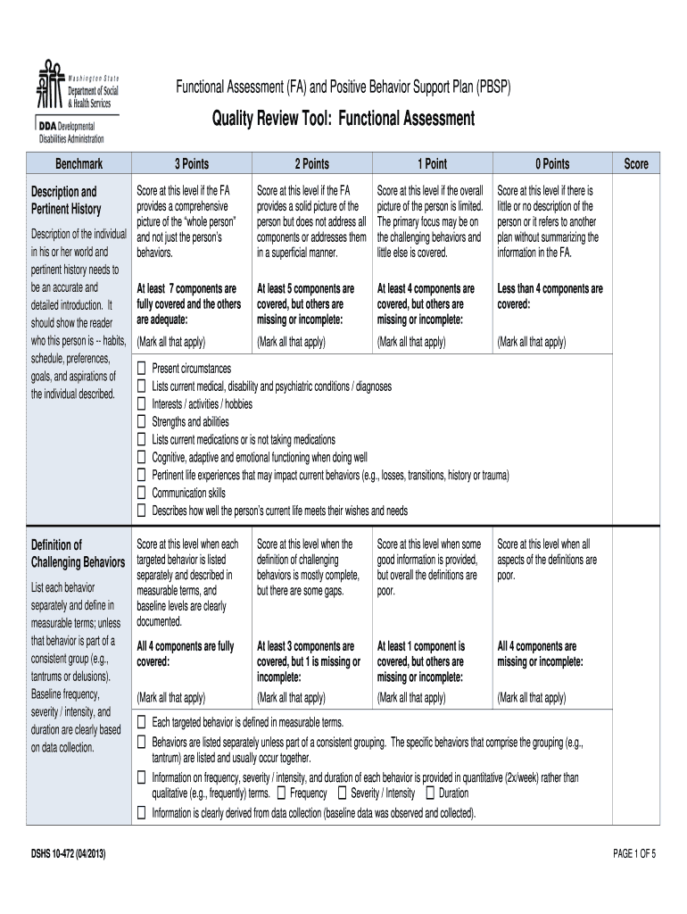 Fillable Online dshs wa Quality Review Tool Functional Assessment ...