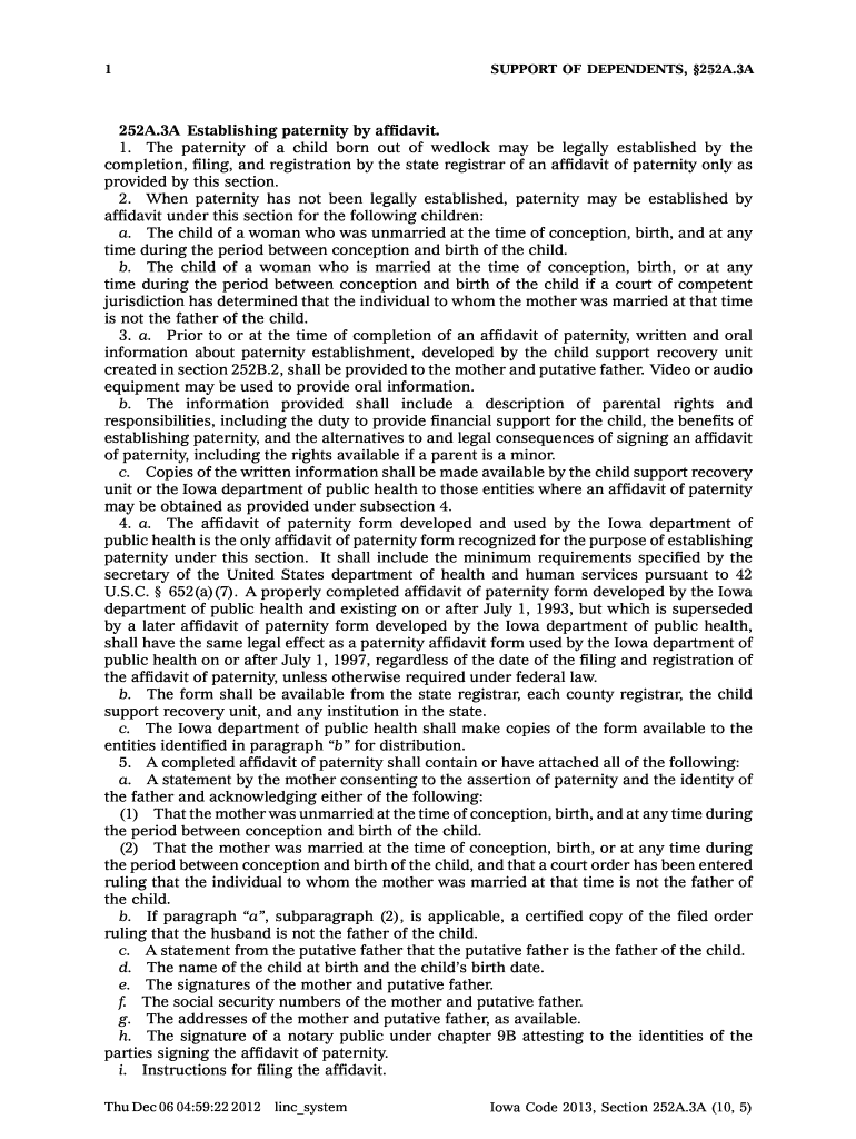 Fillable Online legis iowa 252A3A Establishing paternity by affidavit 1 ...
