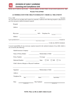 Fillable Online osse dc Authorization for Childs Emergency Medical ...
