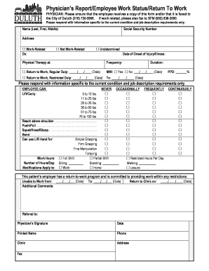 Fillable Online duluthmn Physicians ReportEmployee Work StatusReturn To ...