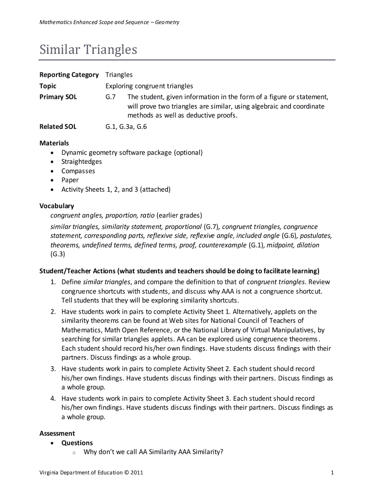 Fillable Online doe virginia Similar Triangles Triangles G7 Exploring congruent triangles - doe ...