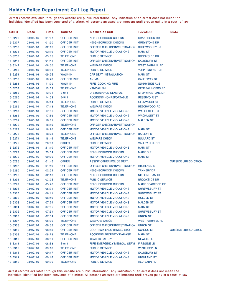 Fillable Online Holden Police Department Call Log Report Fax Email ...