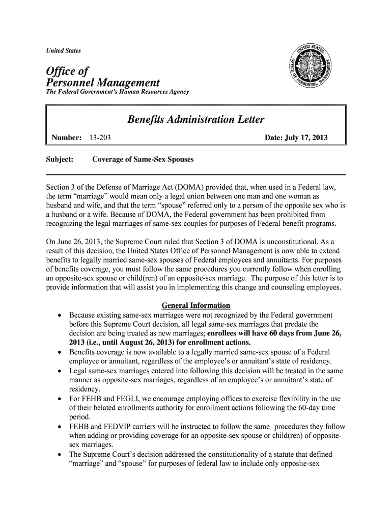 Fillable Online opm Benefits Administration Letter on Coverage of Same-Sex Spouses - opm Fax ...