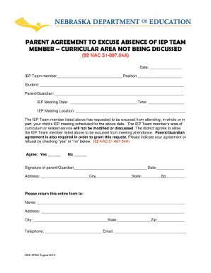 Fillable Online education ne Parent agreement to excuse absence of iep ...