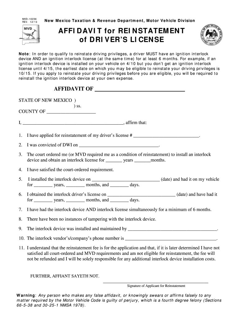 Fillable Online AFFIDAVIT for REINSTATEMENT of DRIVERS LICENSE Fax ...