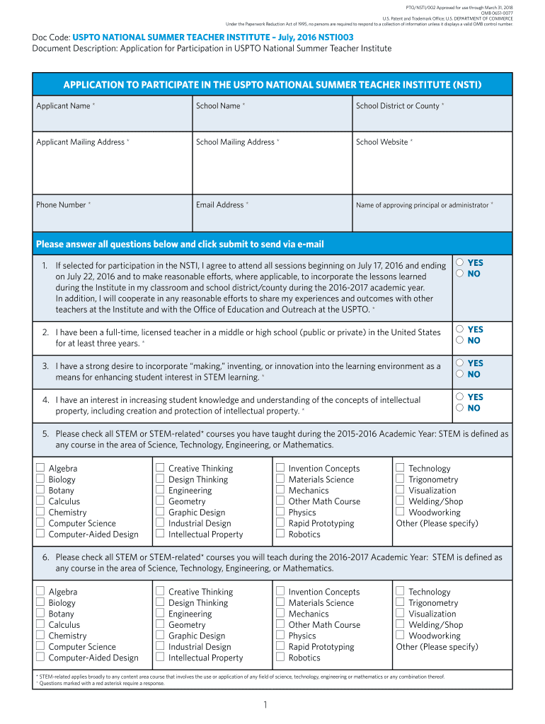 Fillable Online uspto 1 APPLICATION TO PARTICIPATE IN THE USPTO ...