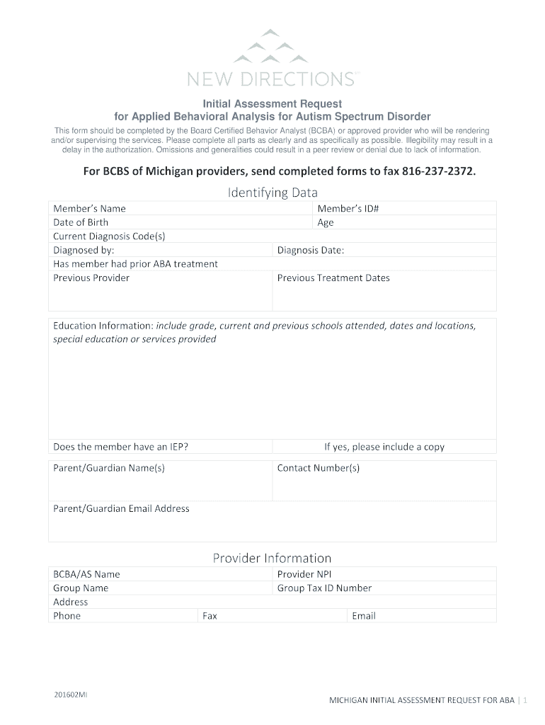 Fillable Online Initial Assessment Request for Applied Behavioral ...
